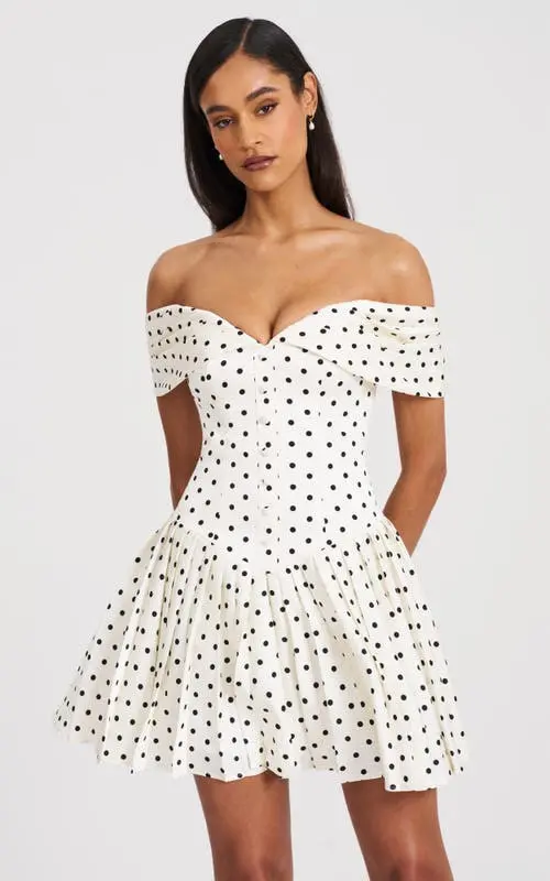MISS CIRCLE NEW YORK Edeline Polka Dot Off-shoulder Mini Dress - White
