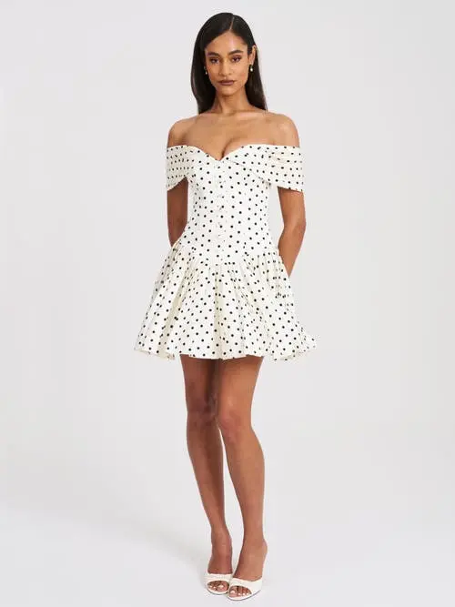 MISS CIRCLE NEW YORK Edeline Polka Dot Off-shoulder Mini Dress - White