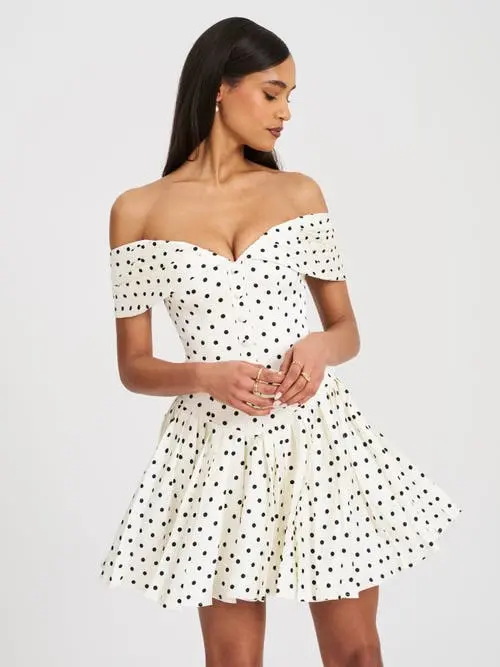 MISS CIRCLE NEW YORK Edeline Polka Dot Off-shoulder Mini Dress - White