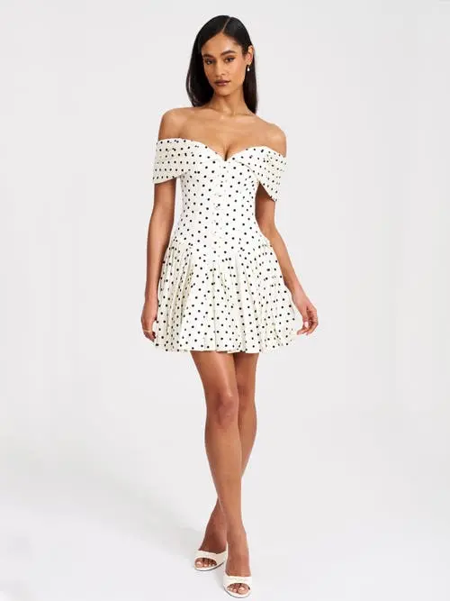 MISS CIRCLE NEW YORK Edeline Polka Dot Off-shoulder Mini Dress - White