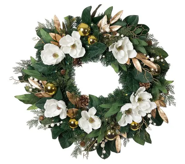 VILLAGE LIGHTING CO. Village Lighting 30' Pre-lit Led Wreath White Gold Magnolia - One-color