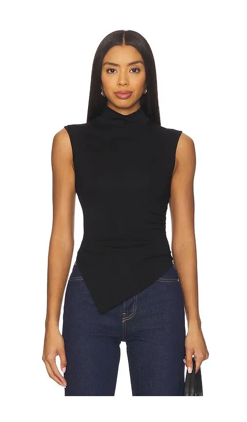 ALL THE WAYS Regina Sleeveless Mock Neck Top With Asymmetrical Hem - Black