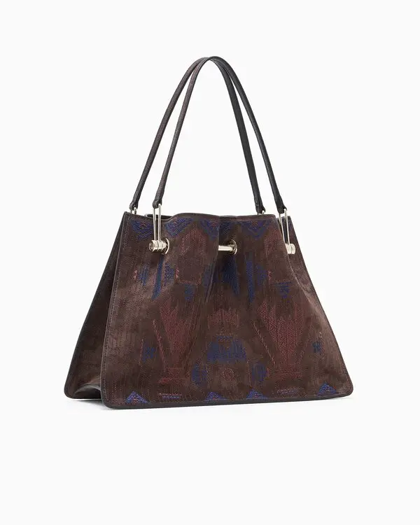 Giorgio Armani Small Embroidered Suede Shopper Bag