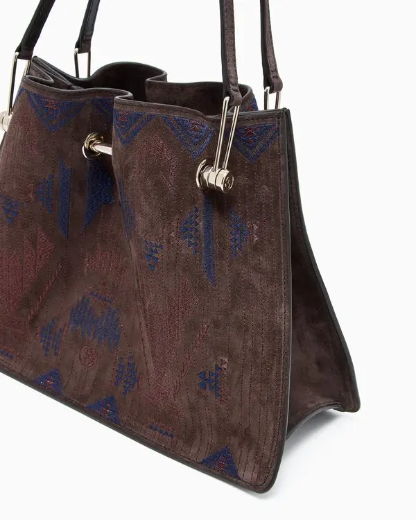 Giorgio Armani Small Embroidered Suede Shopper Bag