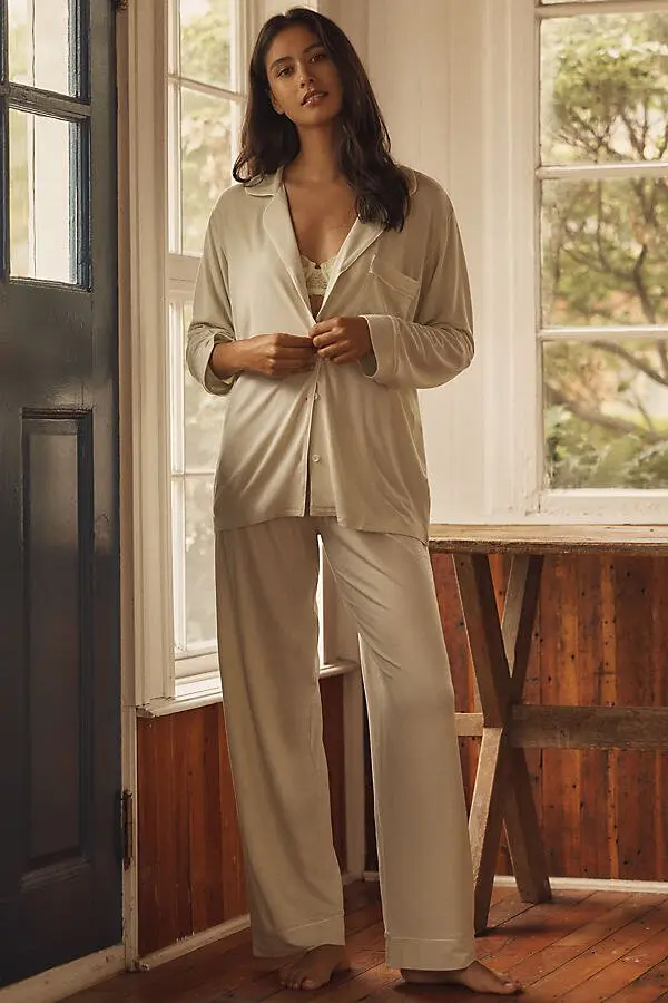 Eberjey Gisele Long-sleeve Pajama Set - Mint Cream/ivory