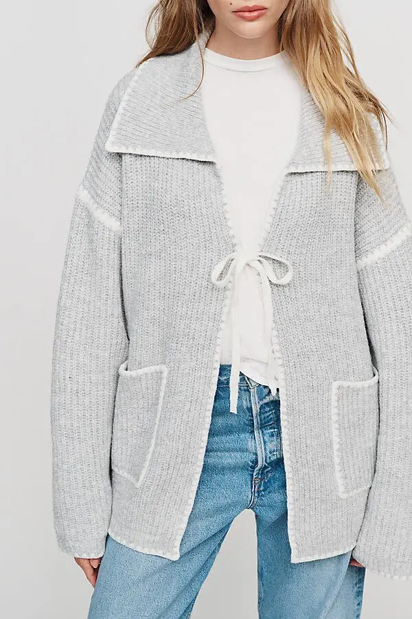 FLAT WHITE Collared Whipstitch Cardigan Sweater