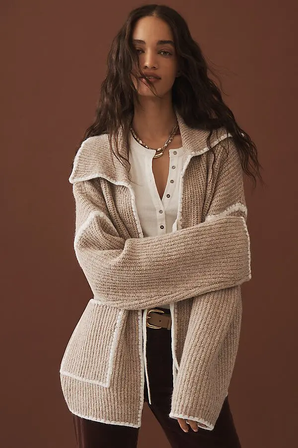FLAT WHITE Collared Whipstitch Cardigan Sweater - Taupe