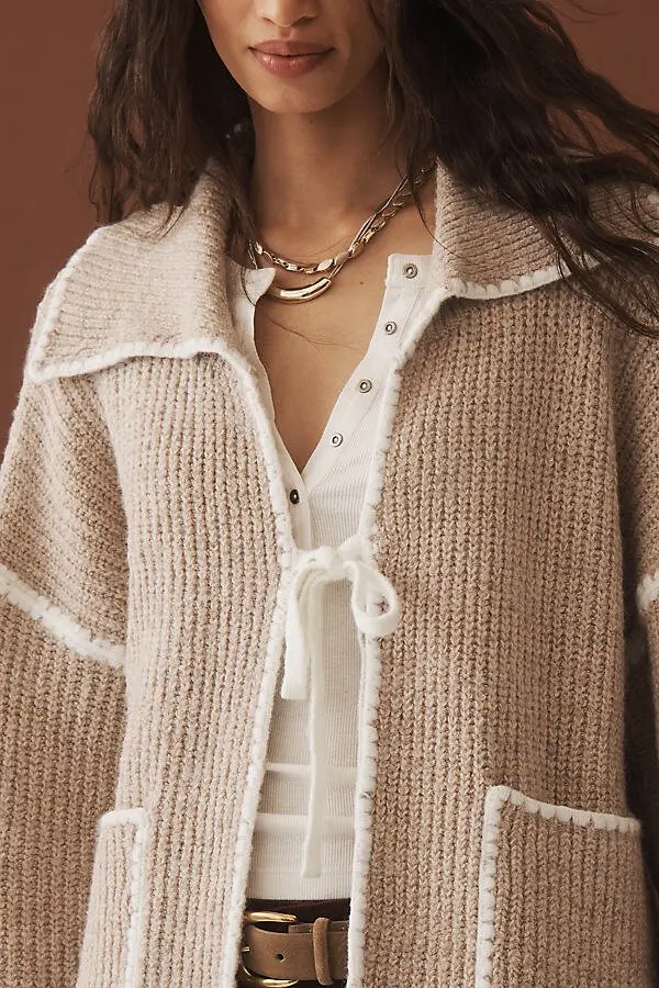 FLAT WHITE Collared Whipstitch Cardigan Sweater - Taupe