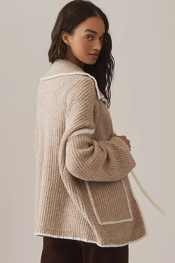 FLAT WHITE Collared Whipstitch Cardigan Sweater - Taupe