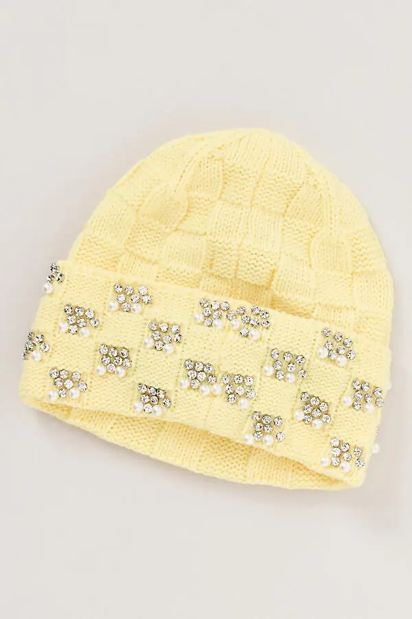 Maeve Checkered Crystal Beanie - Butter Yellow
