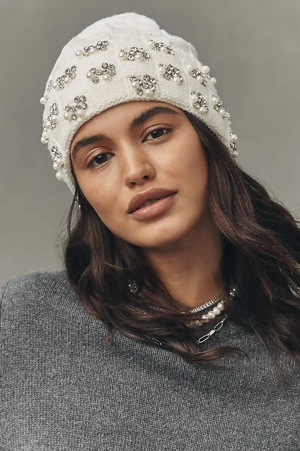 Maeve Checkered Crystal Beanie - Cream