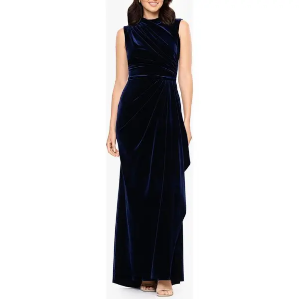 Betsy & Adam Ruched Velvet Column Gown