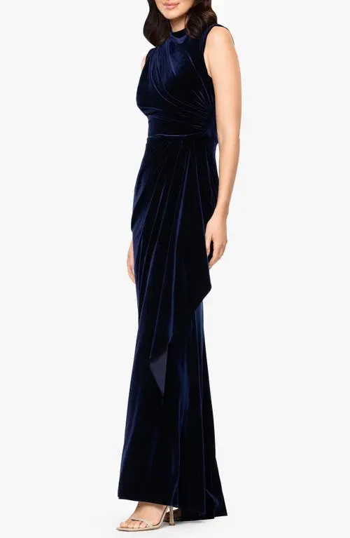 Betsy & Adam Ruched Velvet Column Gown