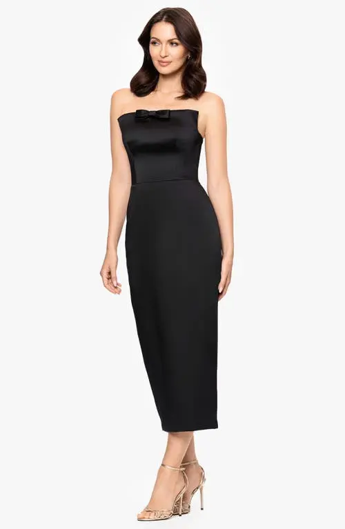 Betsy & Adam Curve Bow Strapless Midi Gown