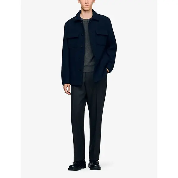 Sandro Patch-pocket Long-sleeve Wool Overshirt - Midnight Blue