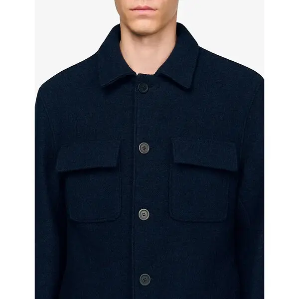 Sandro Patch-pocket Long-sleeve Wool Overshirt - Midnight Blue