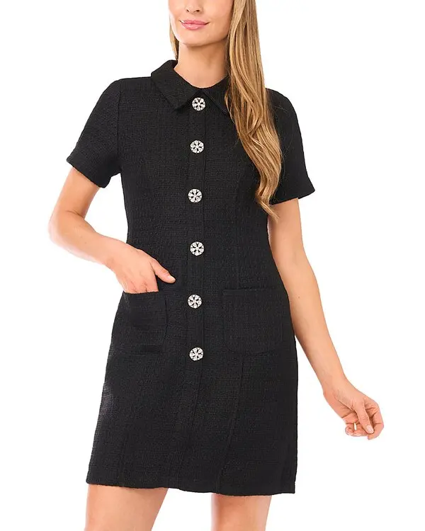 CECE DUPRAZ Rhinestone Button Shift Dress