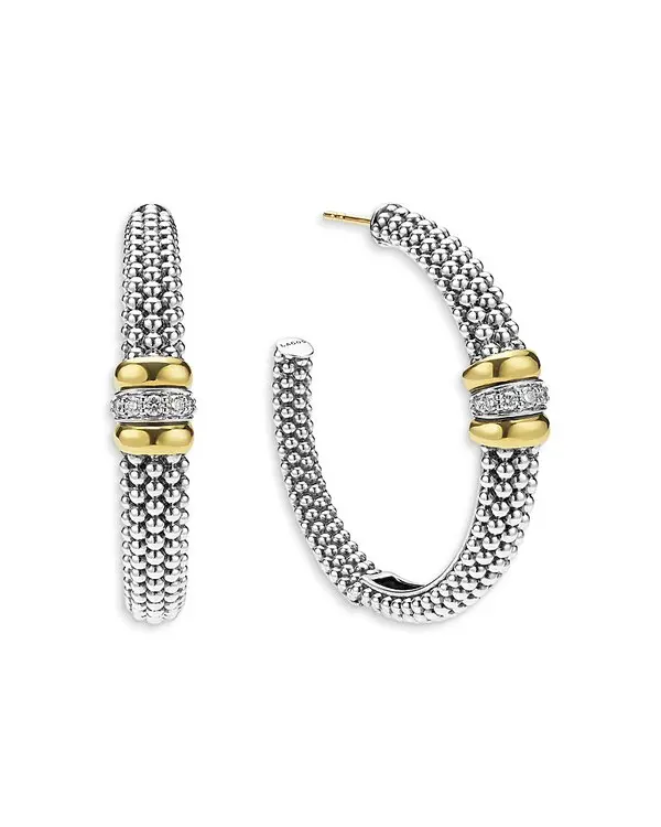 Lagos 18k Yellow Gold & Sterling Signature Caviar Diamond Hoop Earrings - Silver