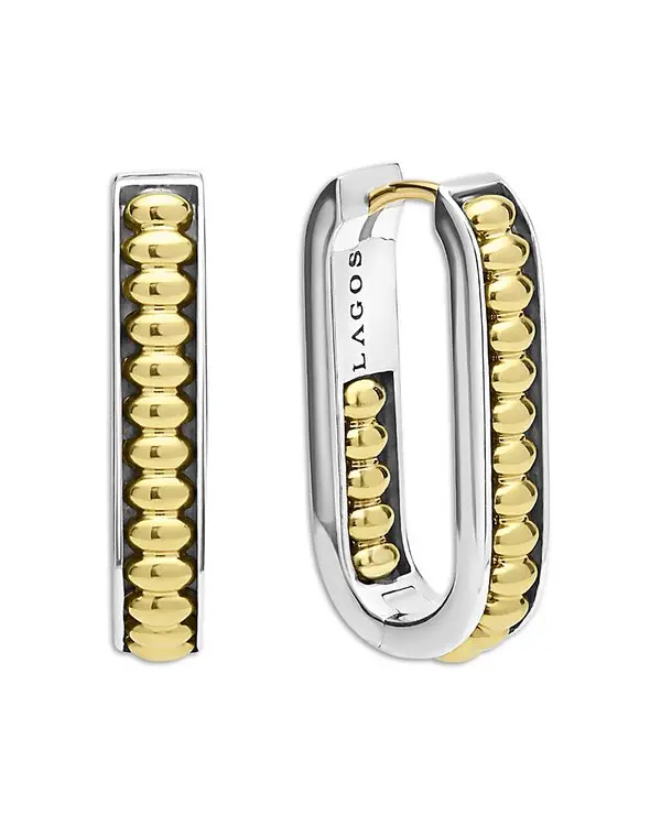 Lagos 18k Yellow Gold & Sterling Diamond Oval Hoop Earrings - Silver