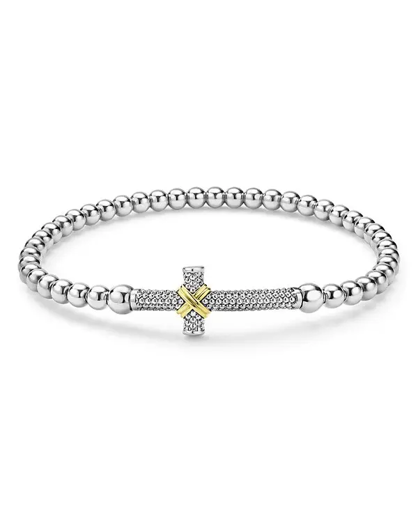 Lagos 18k Yellow Gold & Sterling Cross Beaded Stretch Bracelet - Silver