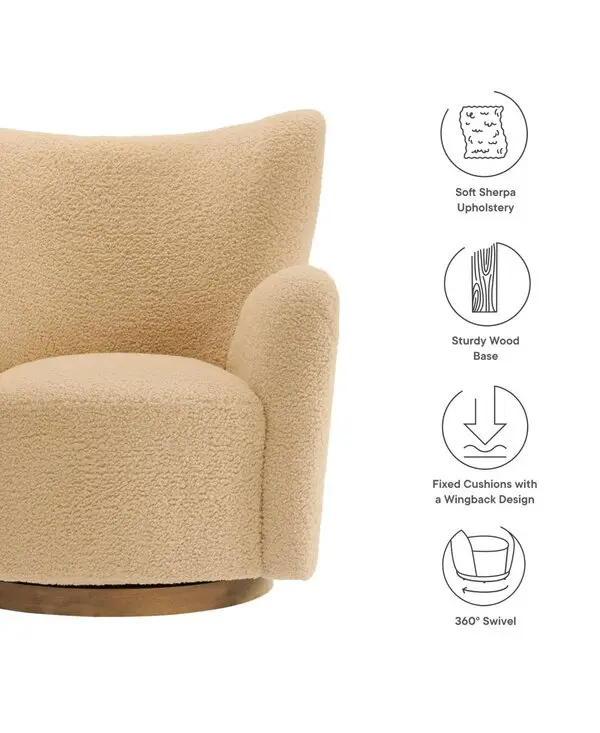 MODWAY Montrose Wingback Sherpa Swivel Accent Chair - Ivory/walnut