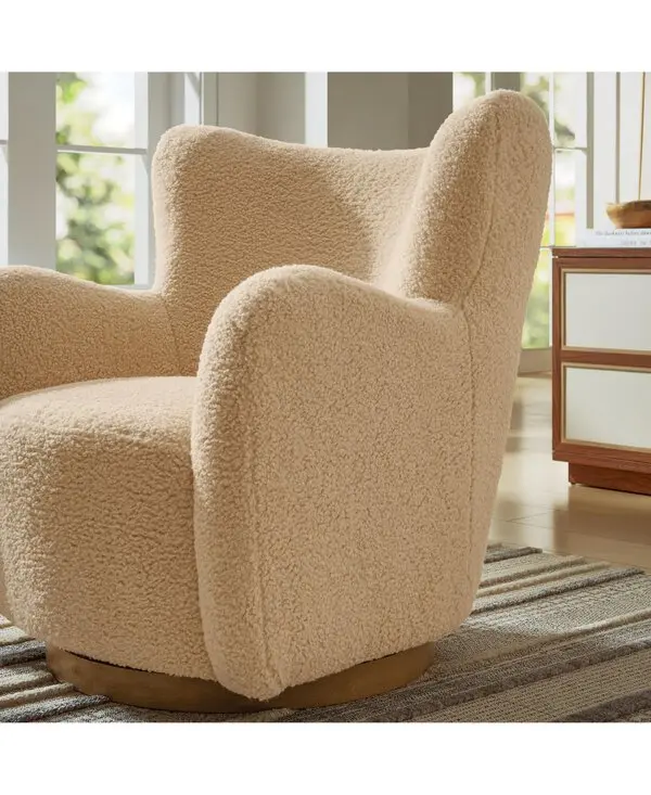MODWAY Montrose Wingback Sherpa Swivel Accent Chair - Ivory/walnut