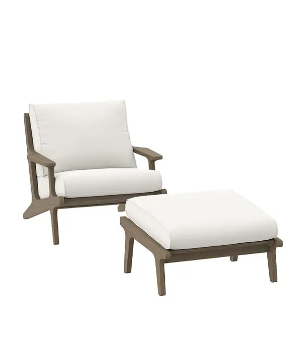MODWAY Saratoga Outdoor Patio Teak Wood Chair And Ottoman, Set Of 2 - Weathered Gray White