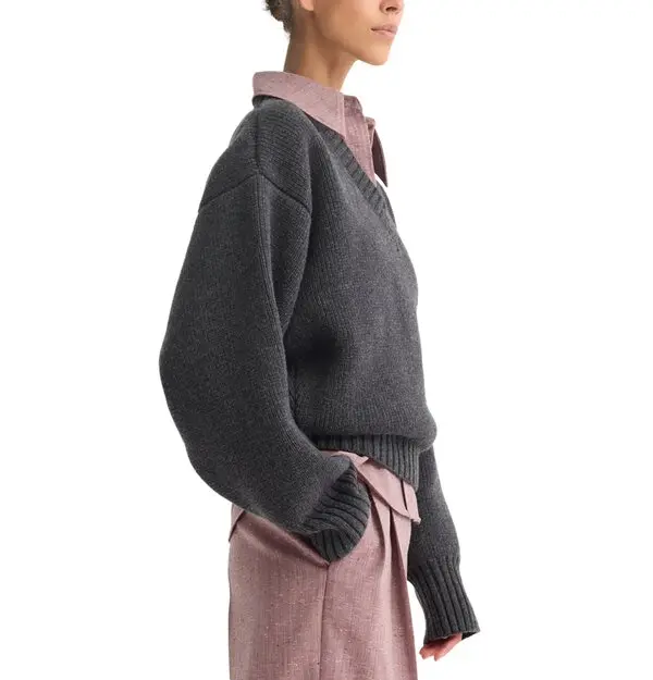 RÓHE Wool Sculptural V Neck Sweater - Mid Grey