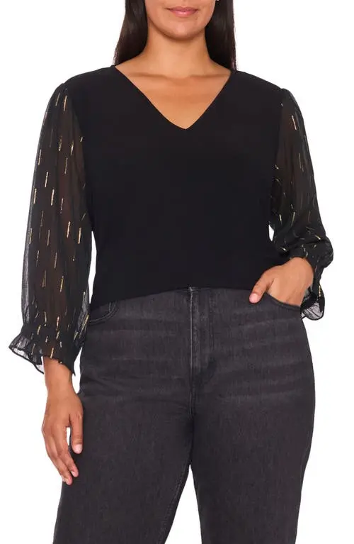 CECE DUPRAZ Foil Clip Sleeve V-neck Mixed Media Top - Rich Black