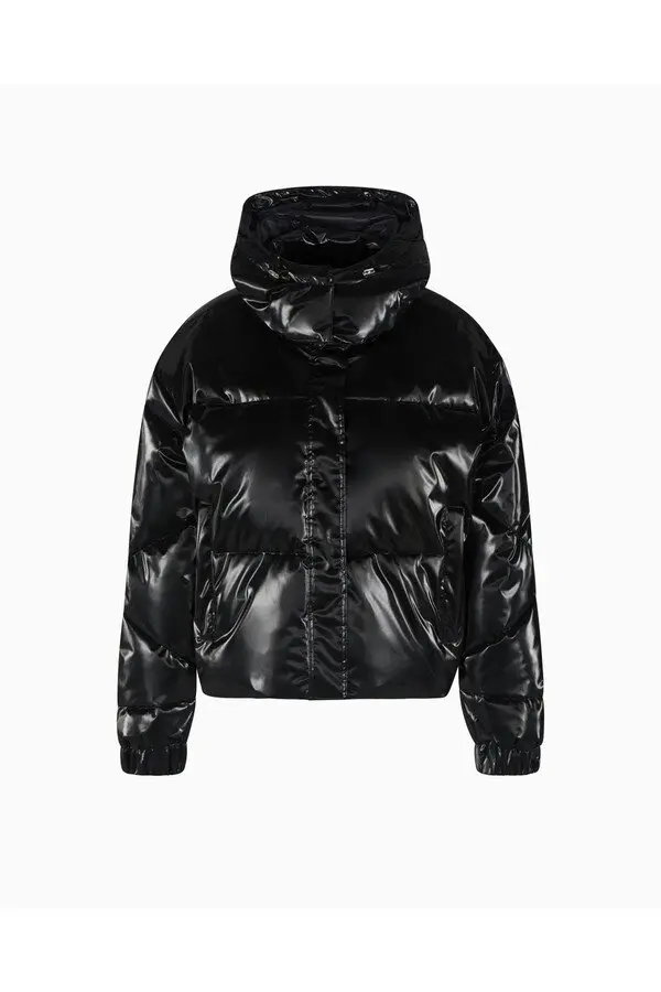 EA7 Shiny Nylon Hooded Bomber Jacket - Black
