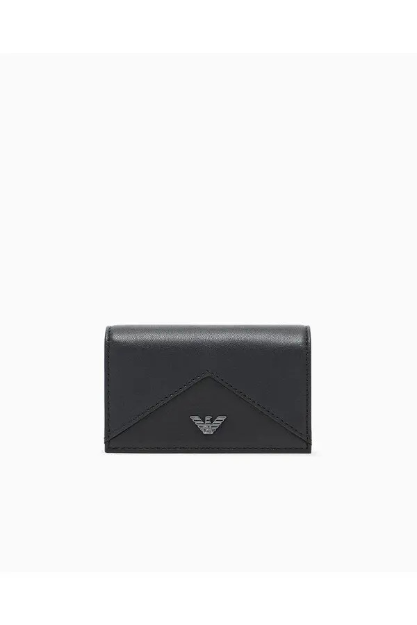 Emporio Armani Nappa Leather Card Holder With Flap With Geometric Detail - Black