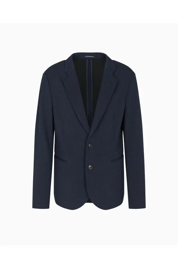 Emporio Armani Jacquard Double Jersey Knit Single-breasted Jacket - Blue