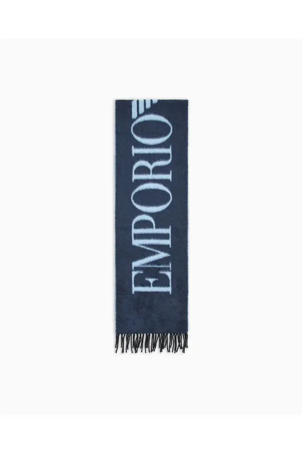 Emporio Armani Two-tone Wool-blend Scarf With Oversized Lettering - Blue