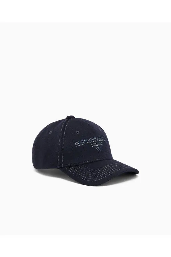 Emporio Armani Virgin Wool Baseball Cap With Logo - Navy