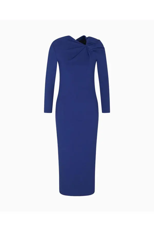 Emporio Armani Stretch Milano Stitch Long Dress With Gathering Detail - Blue