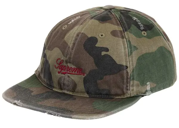 Supreme Distressed Script 6-panel Cap - Woodland Camo