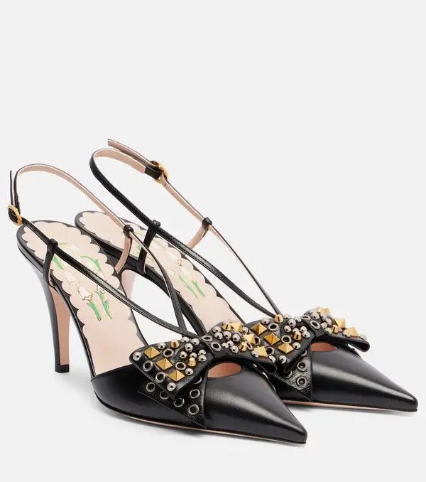 Valentino Garavani Bowow 85 Studded Leather Slingback Pumps - Black