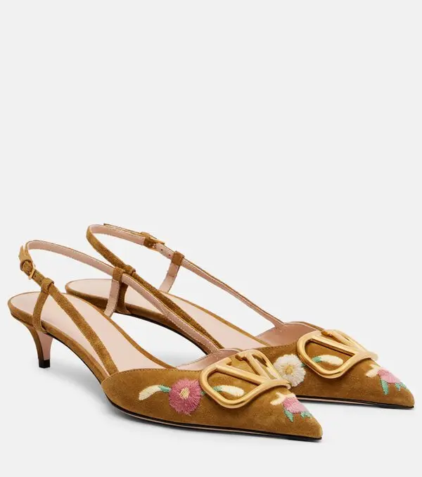 Valentino Garavani Vlogo Embroidered Suede Slingback Pumps - Beige
