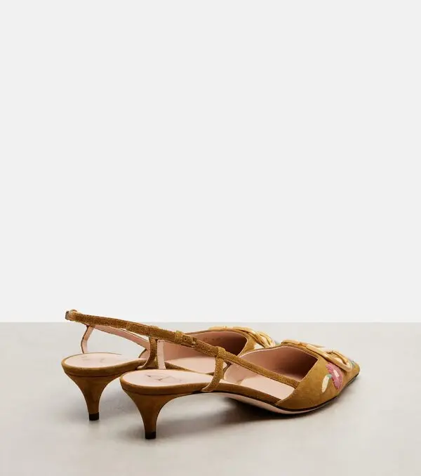 Valentino Garavani Vlogo Embroidered Suede Slingback Pumps - Beige