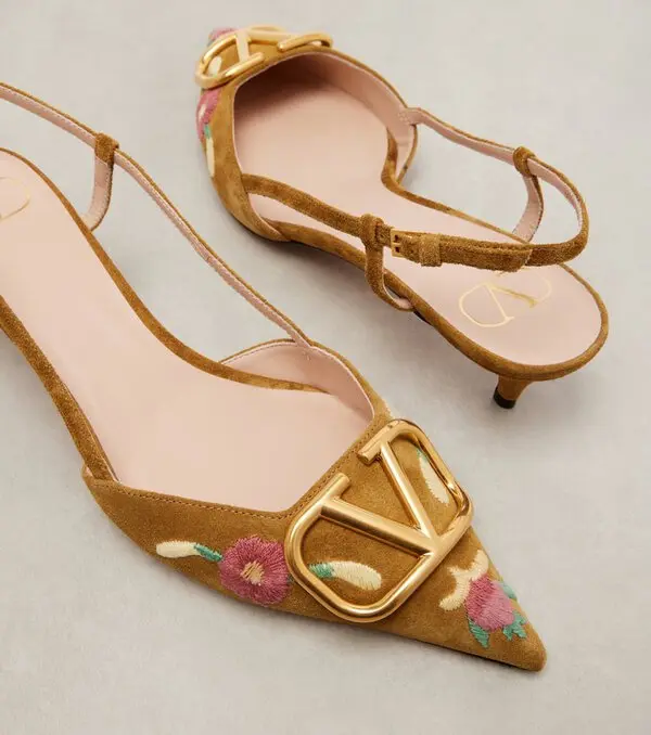 Valentino Garavani Vlogo Embroidered Suede Slingback Pumps - Beige