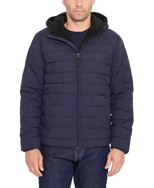 IZOD Hooded Stretch Puffer Jacket With Fleece Lining - Navy