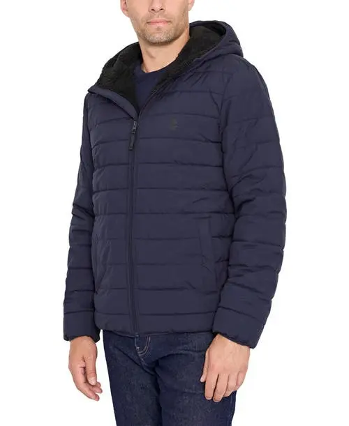 IZOD Hooded Stretch Puffer Jacket With Fleece Lining - Navy