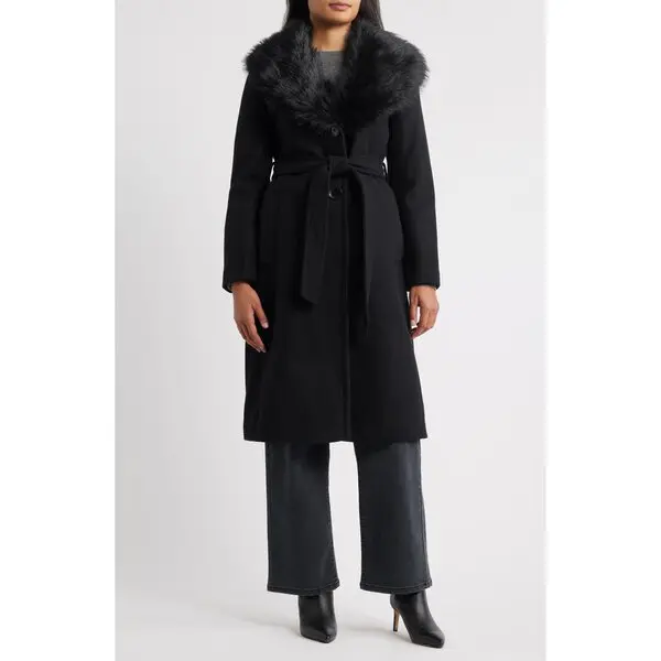 Sam Edelman Belted Coat With Faux Fur Collar - Black