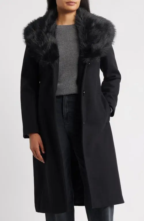 Sam Edelman Belted Coat With Faux Fur Collar - Black