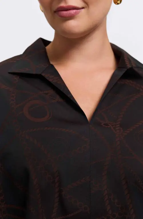 Foxcroft Agnes Printed Popover Top - Coffee Brown/black