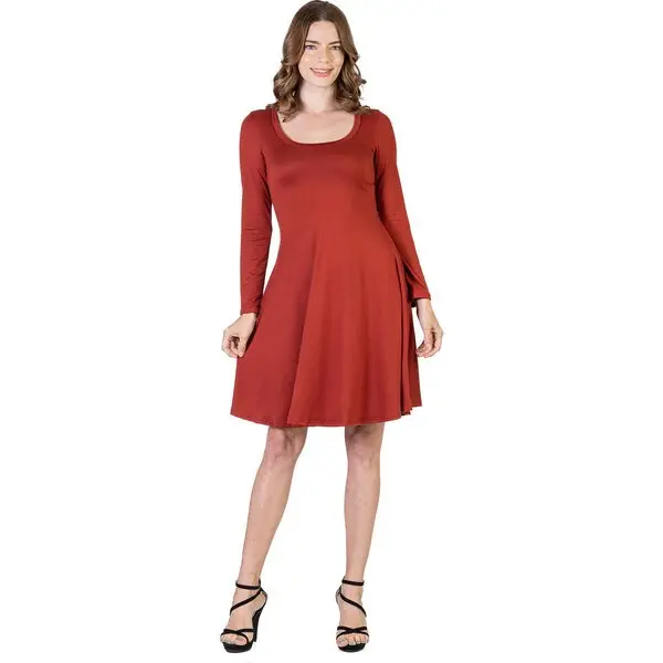 24SEVEN COMFORT APPAREL Classic Long Sleeve Flared Mini Dress - Rust