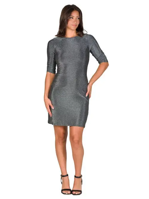 24SEVEN COMFORT APPAREL Elbow Length Sleeve Shimmer Bodycon Mini Dress - Silver