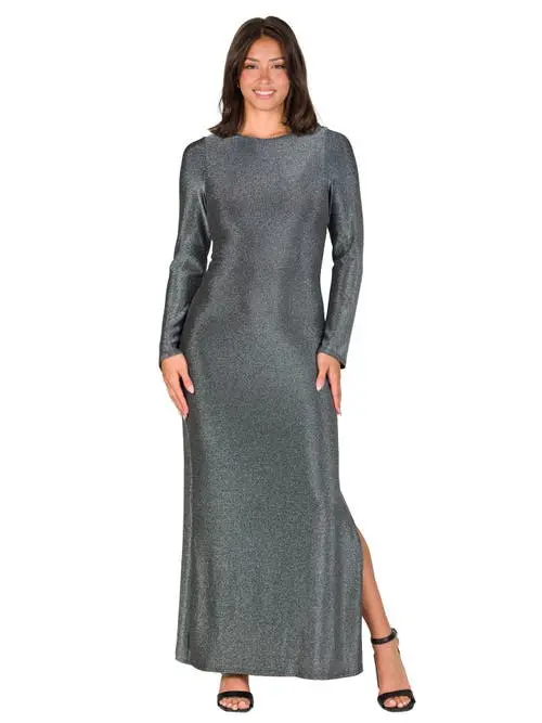 24SEVEN COMFORT APPAREL Fitted Long Sleeve Shimmery Maxi Dress With Slit - Silver