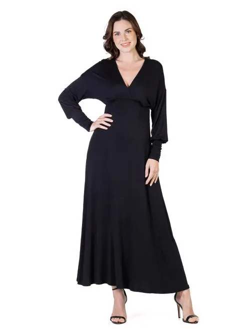 24SEVEN COMFORT APPAREL V-neck Long Sleeve Maxi Dress - Black