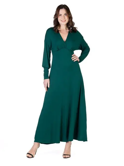 24SEVEN COMFORT APPAREL V-neck Long Sleeve Maxi Dress - Hunter